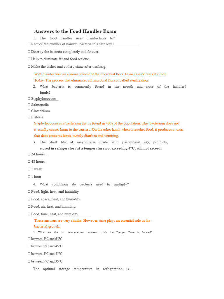 Food Handler Exam Answers Guide | PDF | Bacteria | Foods