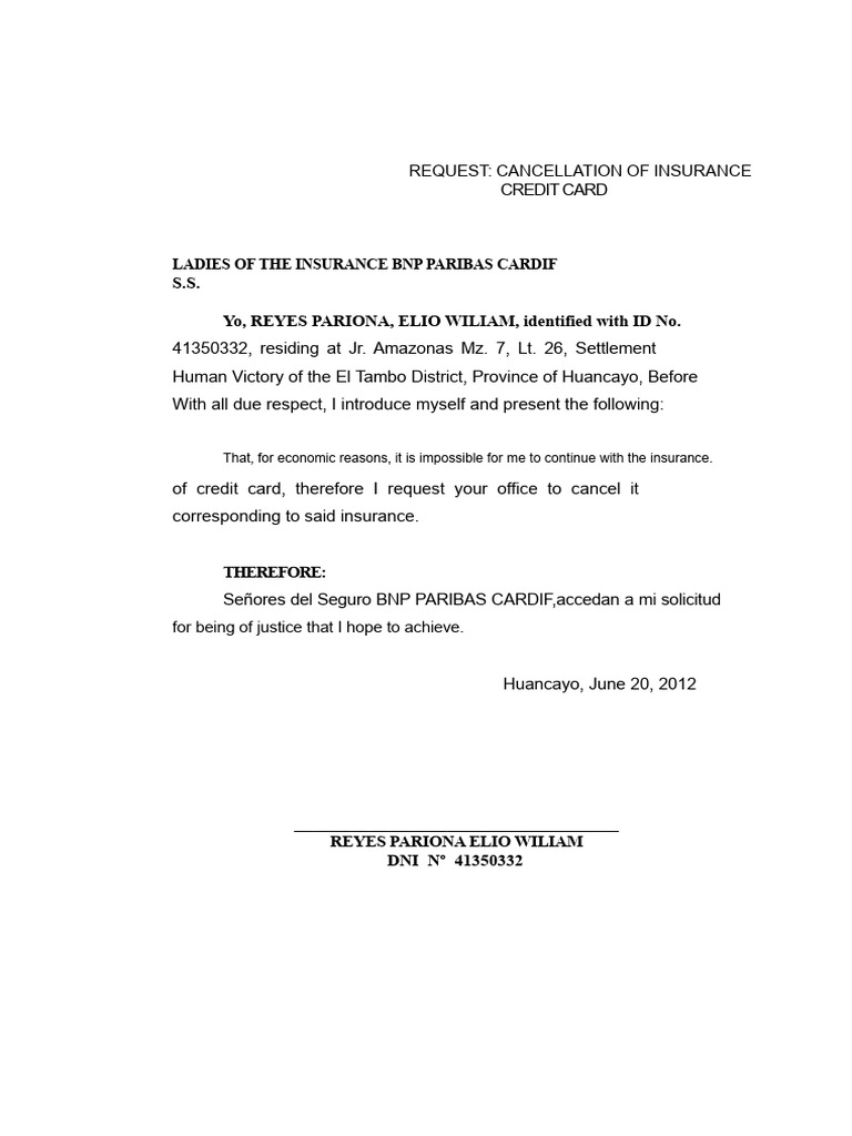 I request cancellation of insurance. | PDF