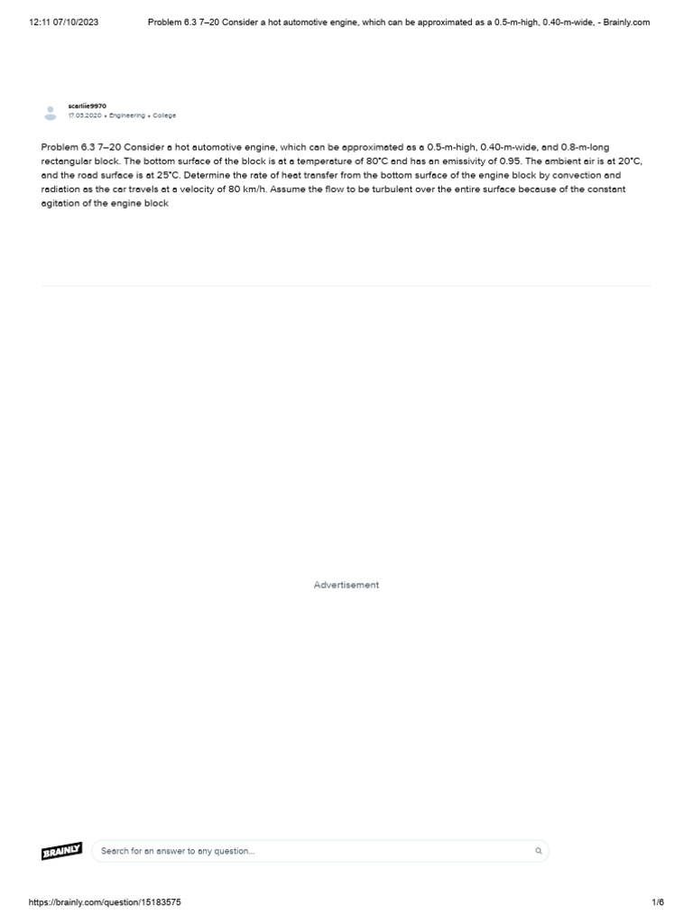 Problem 6.3 7–20 Consider a Hot Automotive Engine, Which Can Be ...