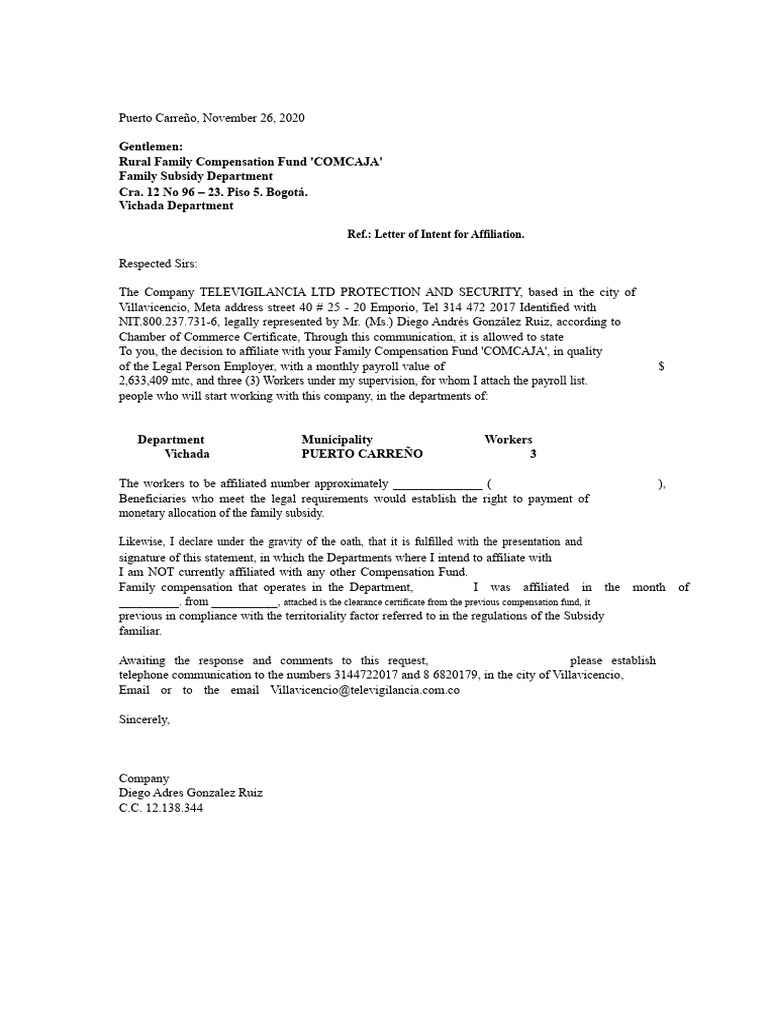 model letter of intent for affiliation | PDF