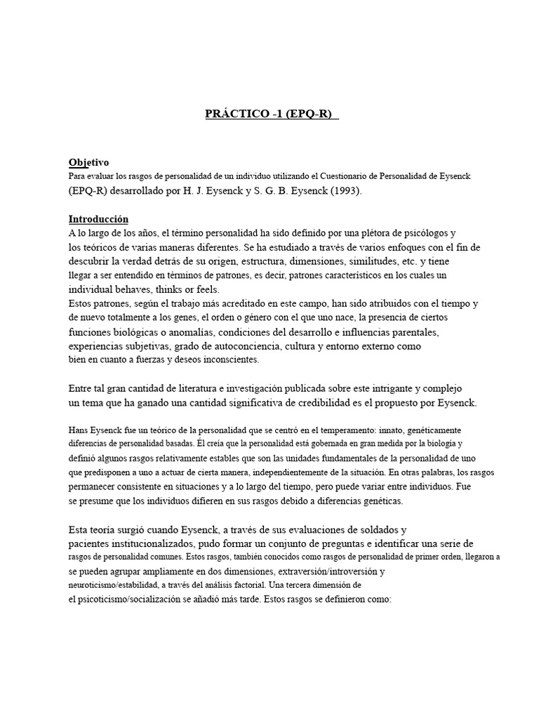 Práctica-1 (EPQ-R) | PDF | Psicología de la personalidad | Sicología