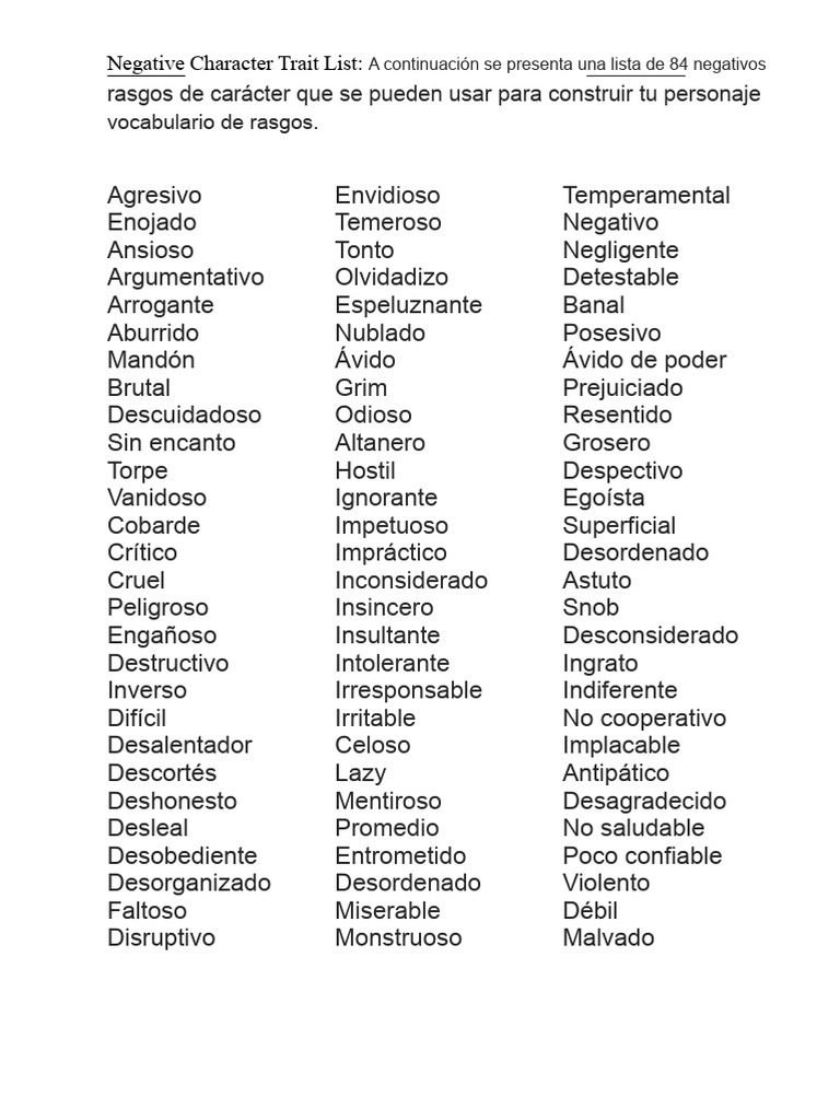 Lista de Rasgos de Carácter Negativos | PDF