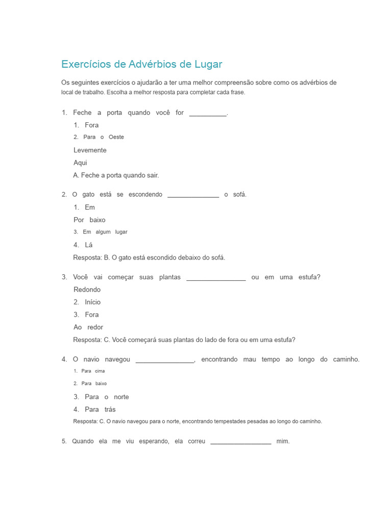 Exercícios sobre Advérbios de Lugar | PDF | Assunto (gramática) | Pronome