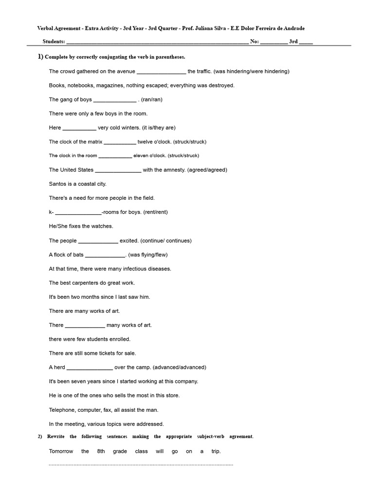 Verbal Agreement Exercises for 3rd Year | PDF | Linguistics
