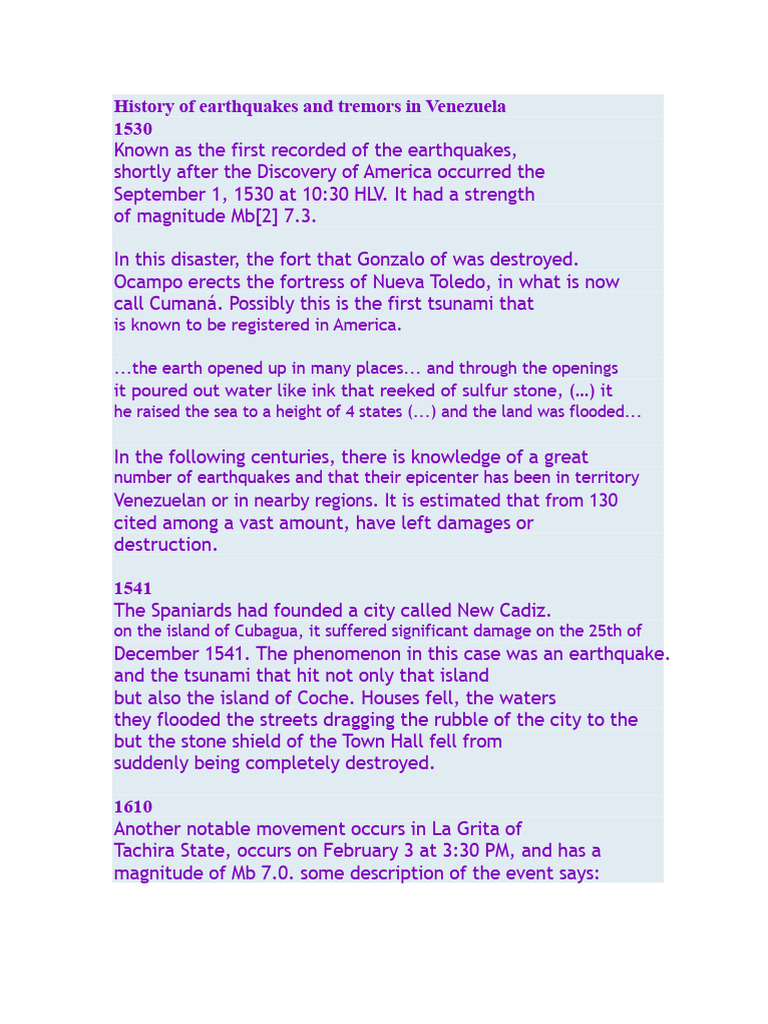 History of Earthquakes and Tremors in Venezuela | PDF | Plate Tectonics ...