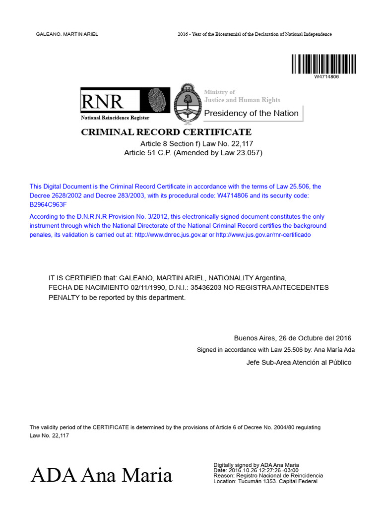 Criminal Record Certificate - Galeano 2016 | PDF | Criminal Record ...