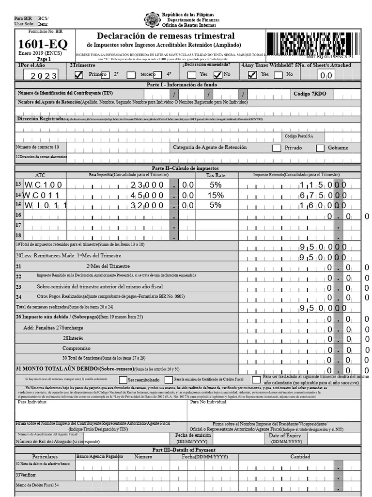 Formulario BIR 1601-EQ: Declaración Trimestral | PDF | Impuesto al ...