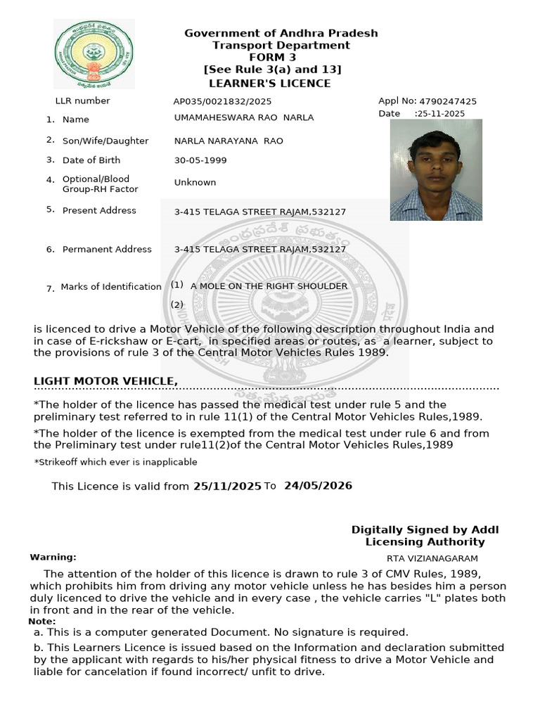 Umamaheswara Rao Narla Llr | PDF | Transport | Land Transport