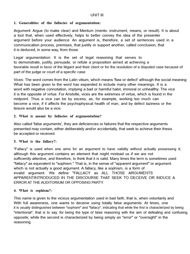 UNIT III DEVELOPED Fallacies of Argumentation | PDF | Fallacy | Argument