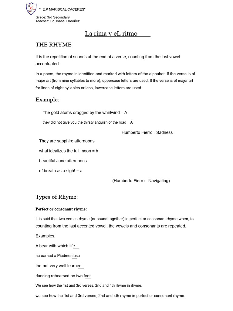 The Rhyme and The Rhythm 3RD Year Sec 25 of March | PDF | Rhyme | Poetry