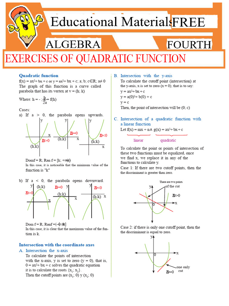 Quadratic Function Intersection Exercises | PDF | Function (Mathematics ...