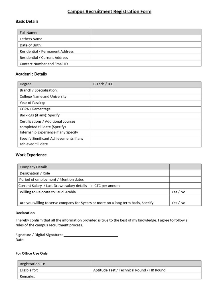 Campus Recruitment Registration Form | PDF