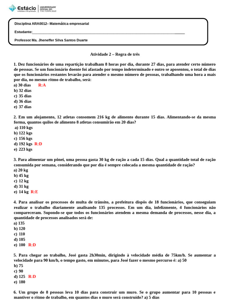 Exercícios de Regra de Três em Matemática | PDF