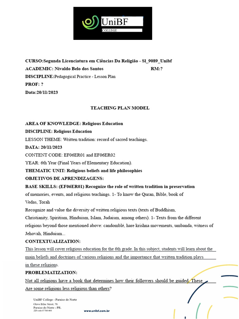 lesson plan religious sciences (1) | PDF | Spirituality