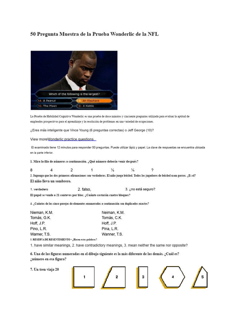 50 Preguntas de la Prueba Wonderlic NFL | PDF