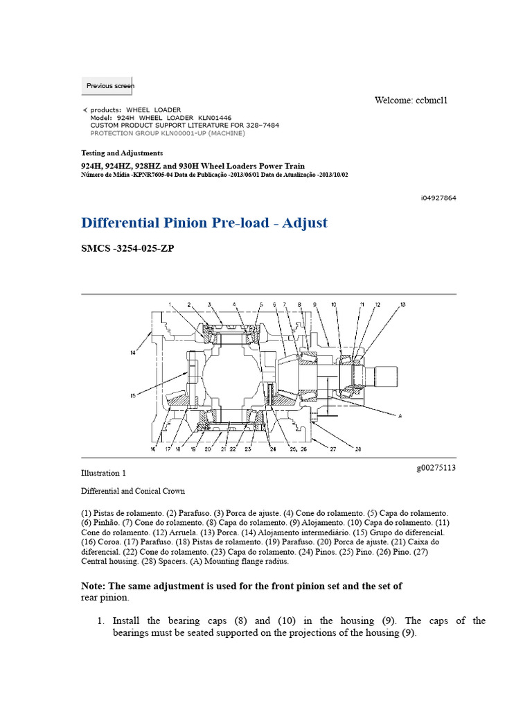 924H Wheel Loader Differential Adjustment Guide | PDF | Bearing ...
