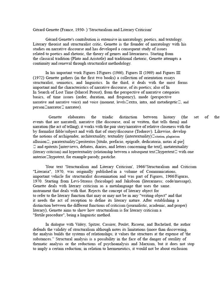 Gérard Genette, Structuralism and Literary Criticism | PDF | Narrative ...
