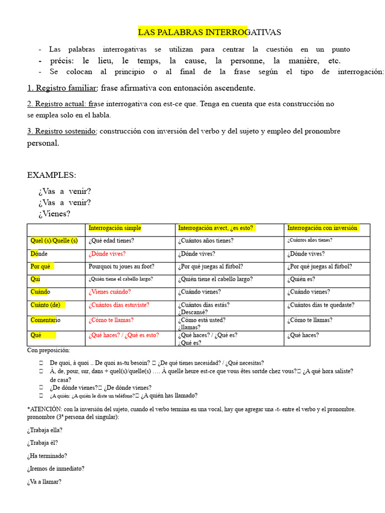 Las Palabras Interrogativas | PDF | Asunto (gramática) | Lingüística