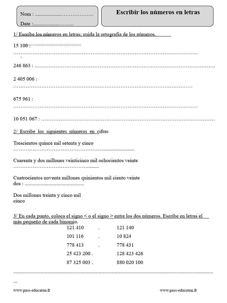 Números en letras y cifras: Ejercicios | PDF