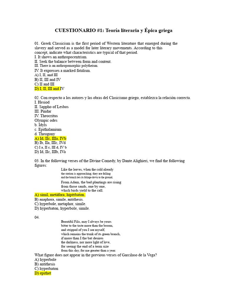 Greek Epic Literature Questionnaire | PDF | Odysseus | Odyssey