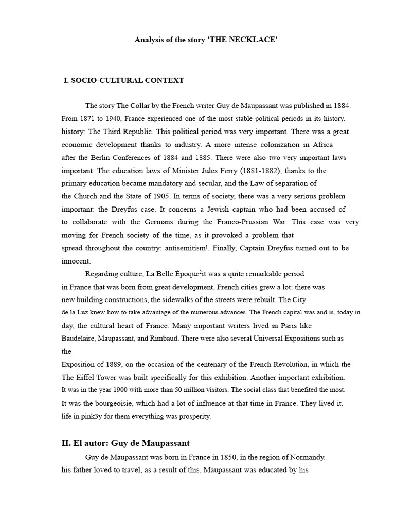Socio-Cultural Analysis of 'The Necklace' | PDF | Guy De Maupassant