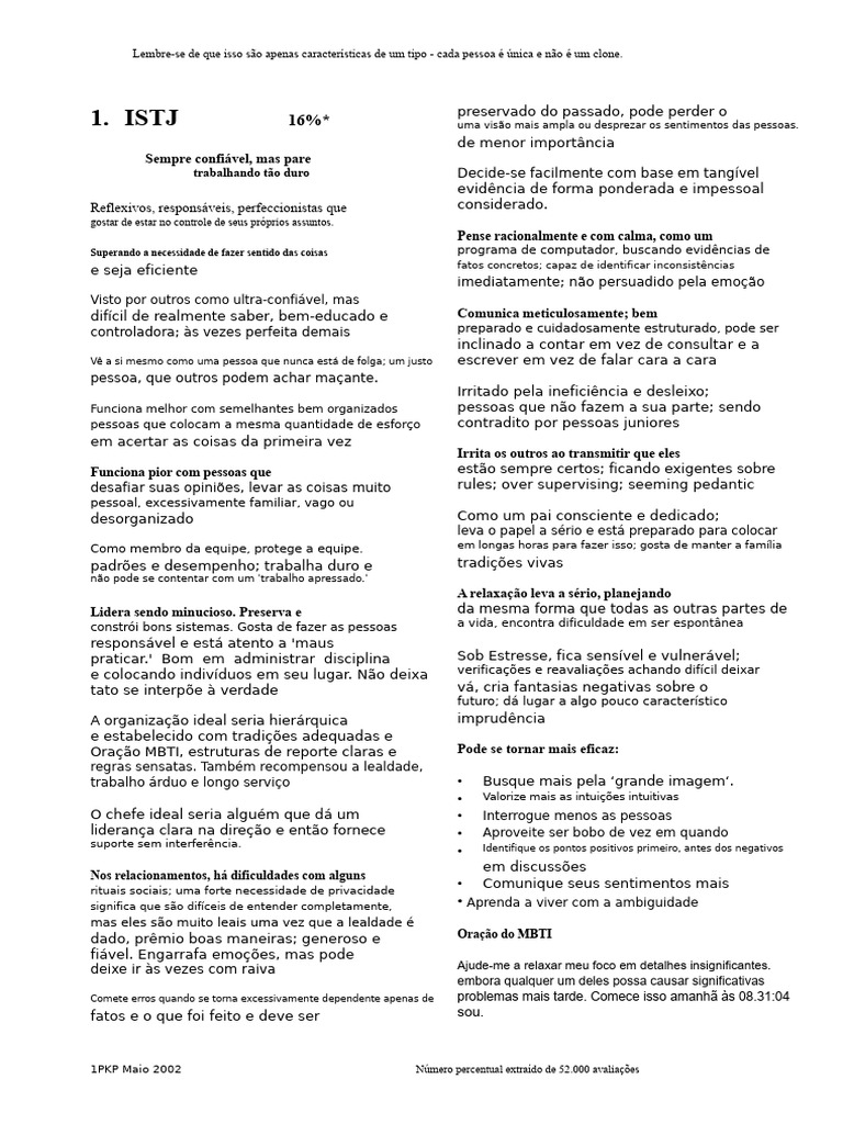 Características dos Tipos de Personalidade MBTI | PDF | Tempo | Sentimento