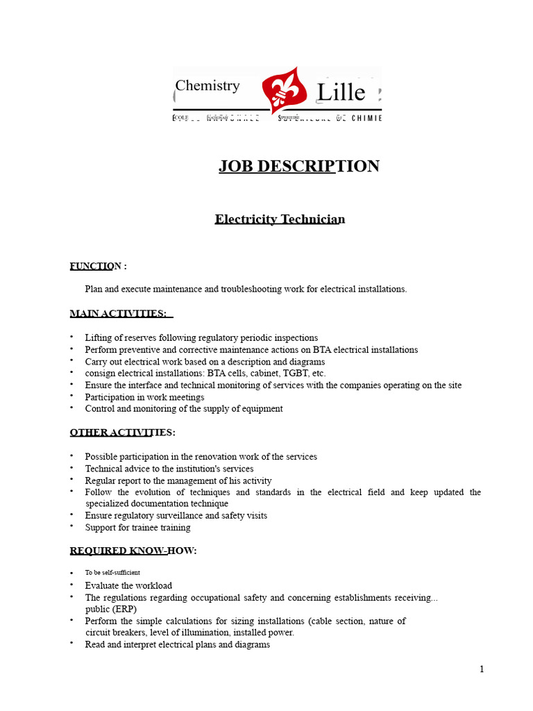Job Description Electrician | PDF