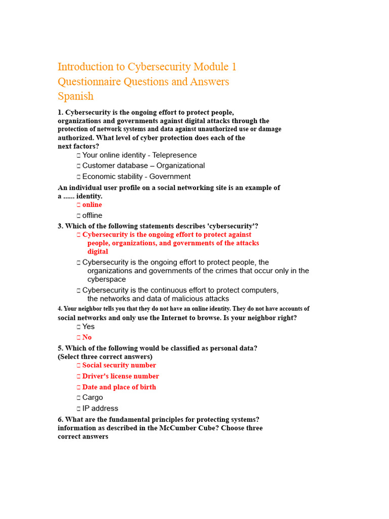 Introduction to Cybersecurity Module 1 Quiz Questions and Answers ...