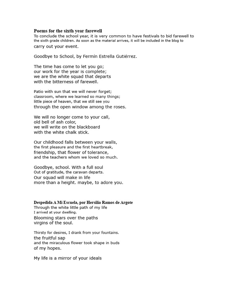 Sixth Grade Farewell Poems Collection | PDF