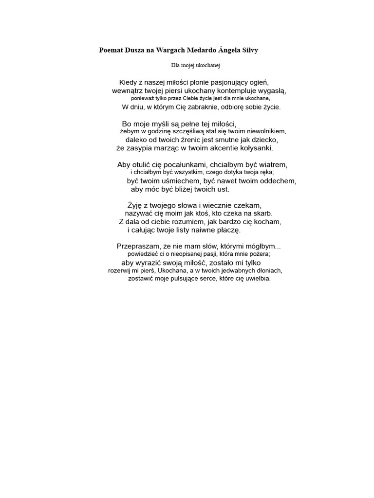 Poemat Dusza Na Wargach Medardo Ángela Silvy | PDF