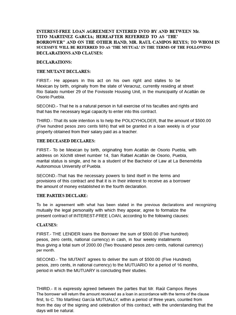 Interest-Free Loan Agreement Entered Into | PDF | Loans | Debtor