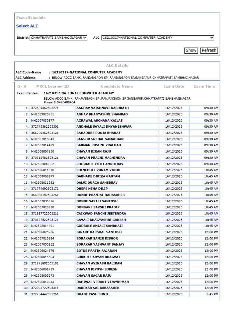 Exam Schedule for National Computer Academy | PDF