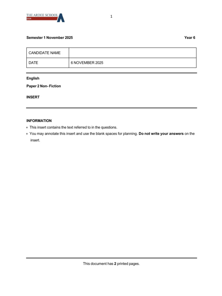Final Insert Paper 2 Non Fiction Year 6 | PDF