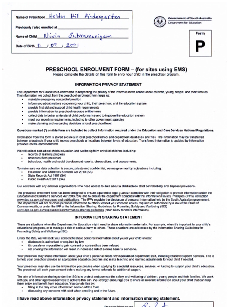 Preschool Enrolment Form | PDF