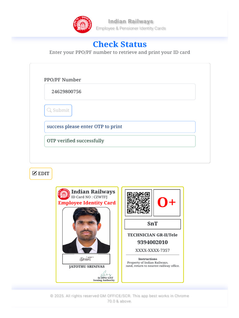 Indian Railways ID Card Status Check | PDF