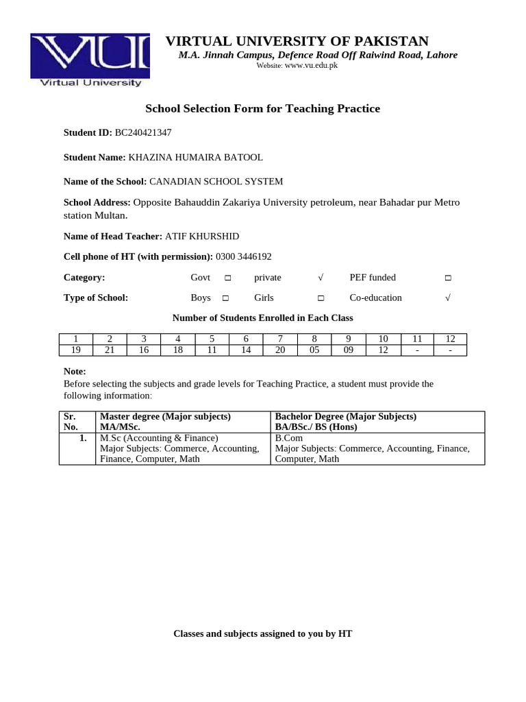 Teaching Practice Form for VU Students | PDF | Bachelor Of Science ...