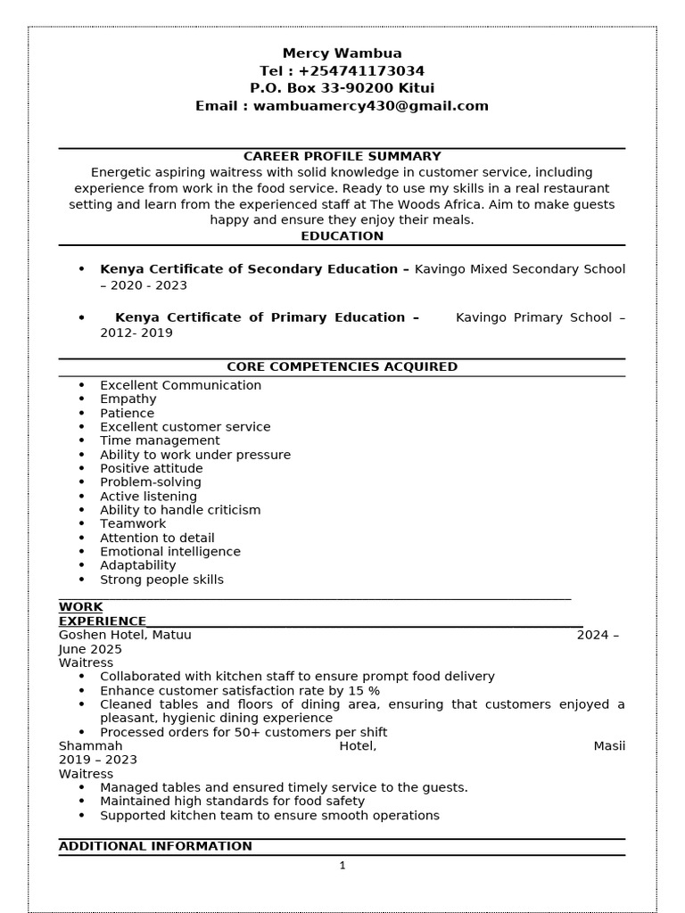 Aspiring Waitress Resume - Mercy Wambua | PDF