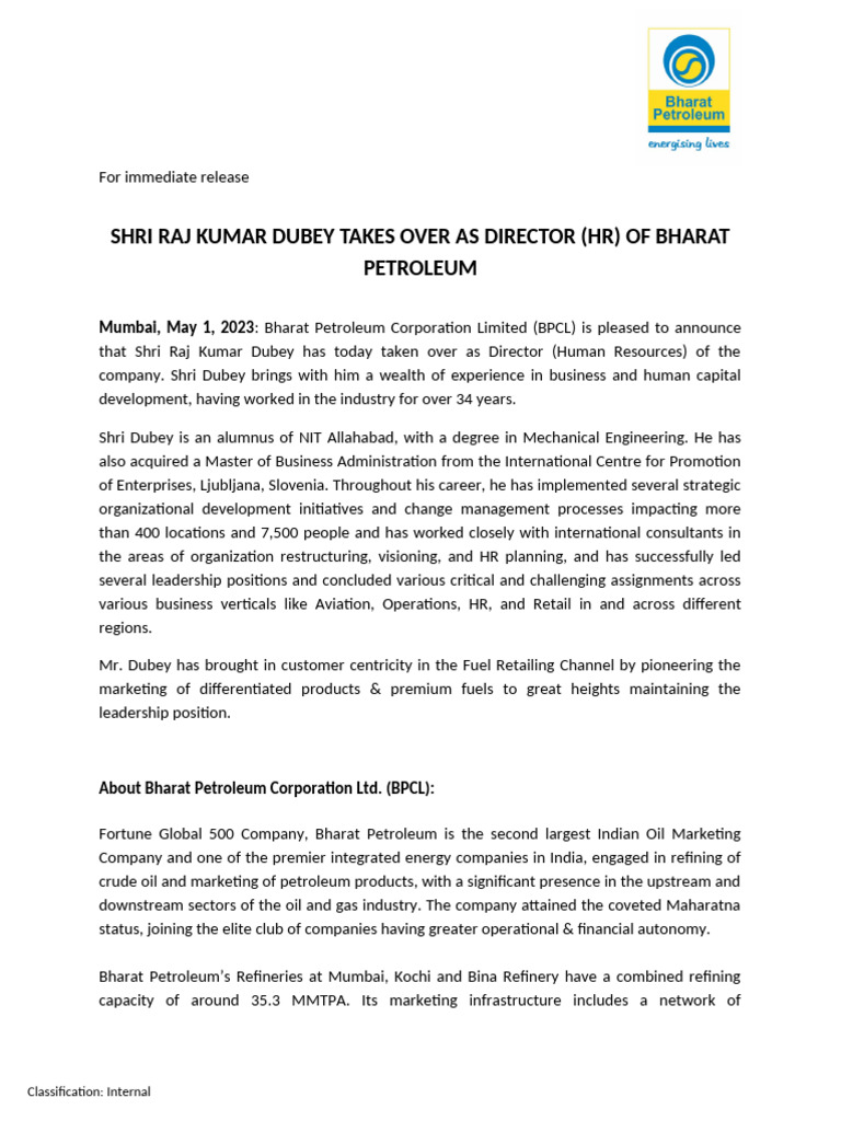 Raj Kumar Dubey Appointed HR Director at BPCL | PDF | Petroleum ...