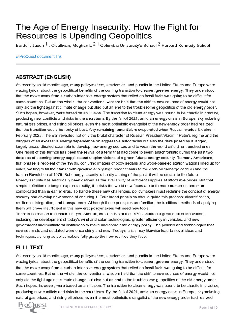 Energy Insecurity: Geopolitical Impacts | PDF | Energy Security ...