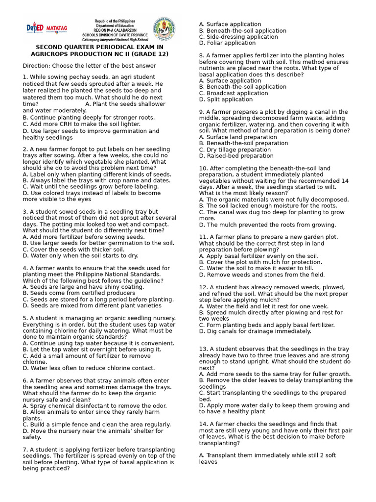 2ndquarter Exam g12 Agri Questions | PDF | Compost | Seed