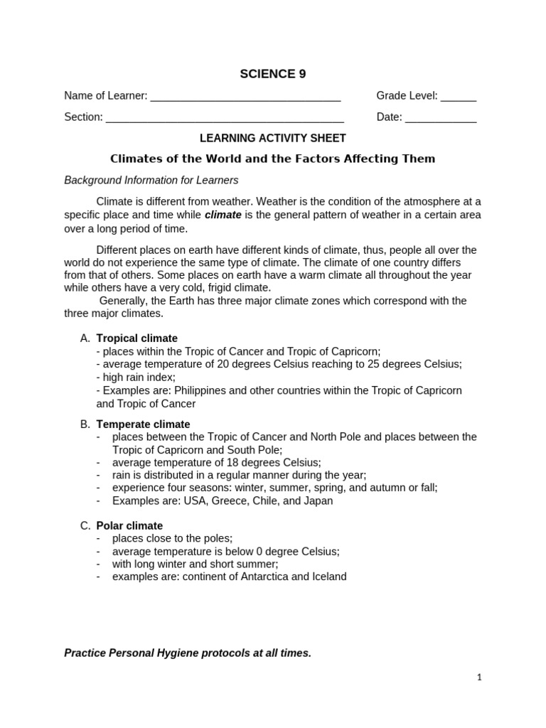 4Grade 9 LAS Module 4CLIMATE 3rd Quarter 2 (1) | PDF | Tropics | Climate