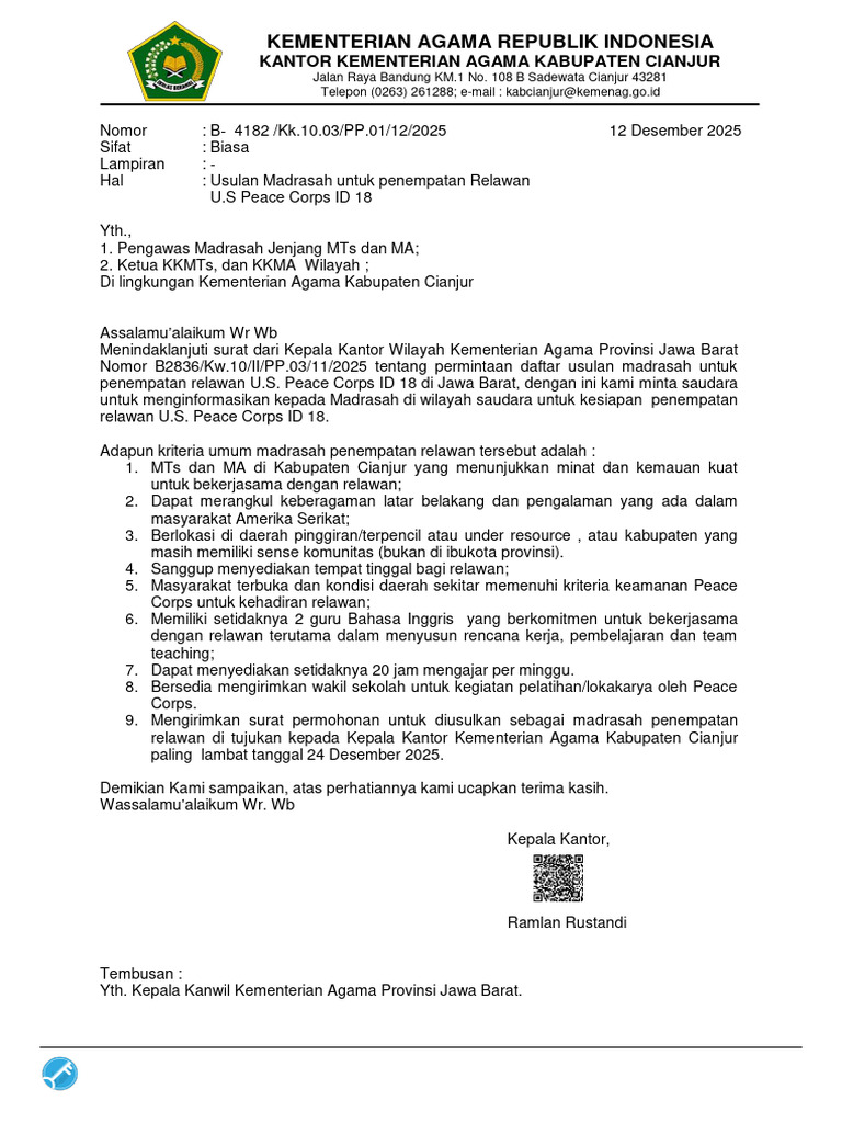 2025 Surat Penempatan Relawan US Corps - TTE | PDF