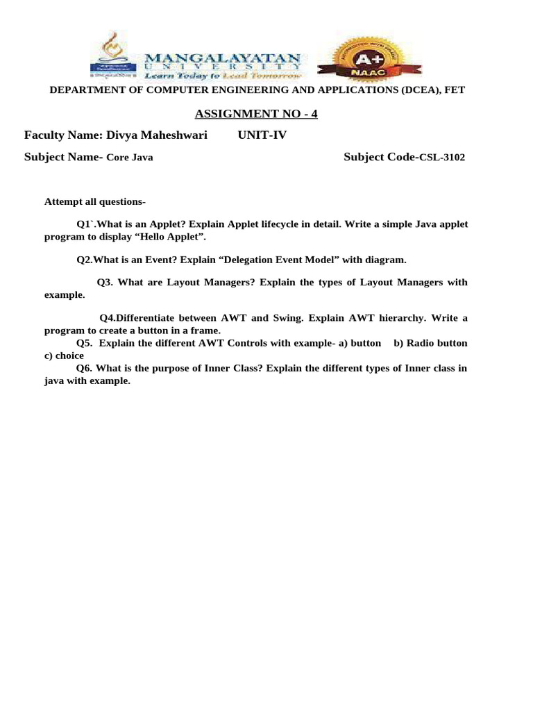 CSL-3102 Core Java Assignment-4 | PDF