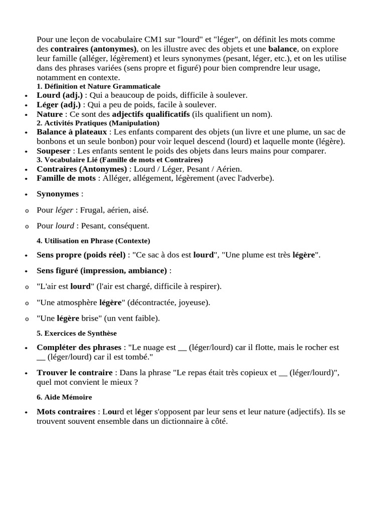 Vocabulaire CM1 : Lourd et Léger | PDF
