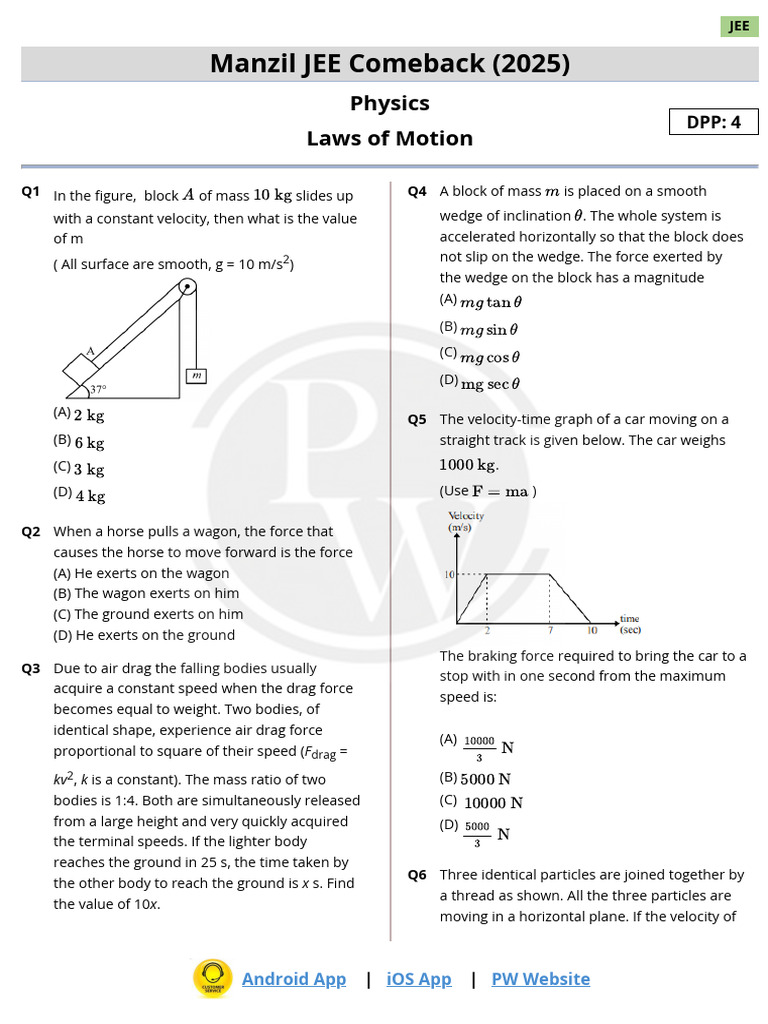 JEE 2025 Physics Laws of Motion DPP | PDF | Force | Friction
