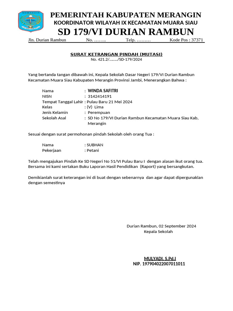 Keterangan Pindah Winda | PDF