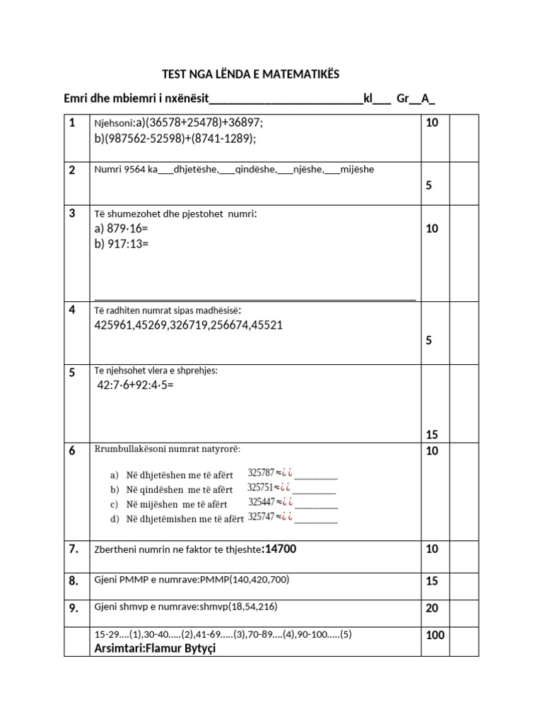 Test Nga Lënda e Matematikës Klasa 6 | PDF