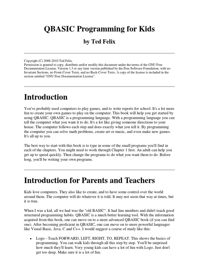 Qbasic Programming For Kids | PDF | Basic | Free Software