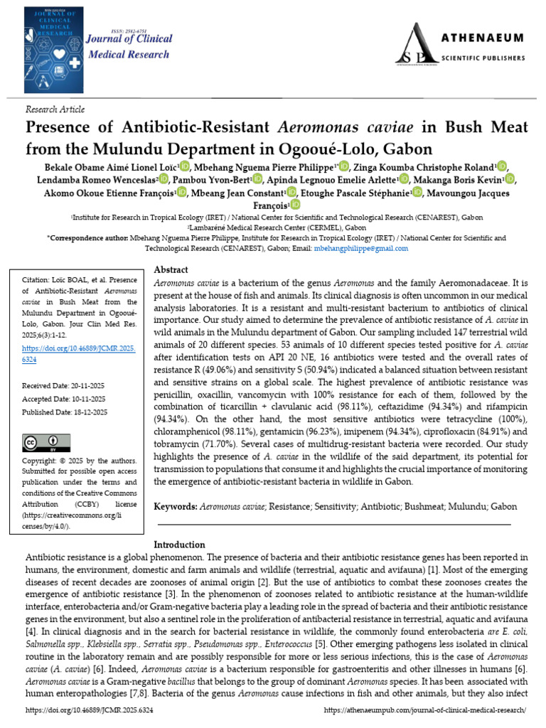 Presence of Antibiotic Resistant Aeromonas Caviae in Bush Meat From The ...