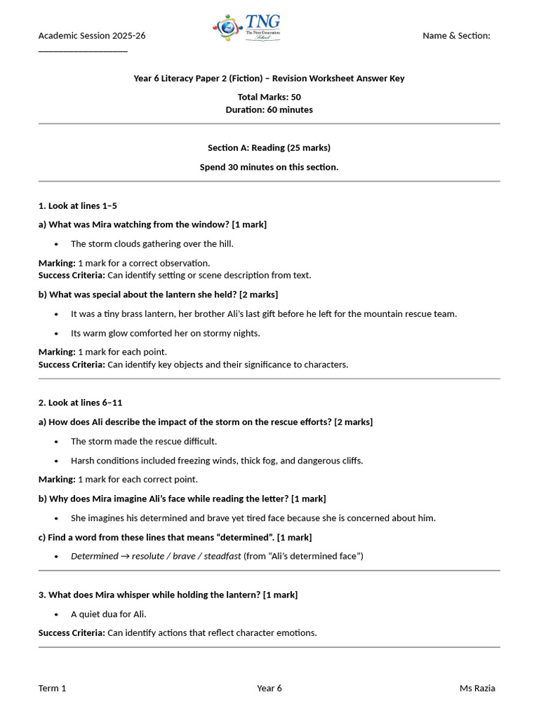 Year 6 Literacy Revision Worksheet | PDF | Courage | Grammar